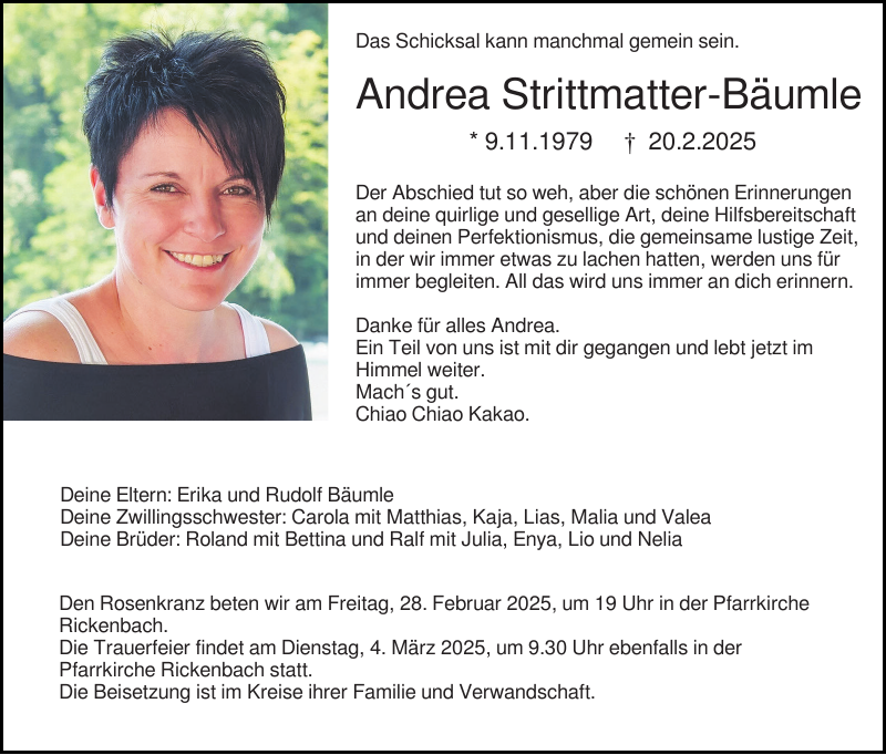 Andrea Strittmatter-Bäumle: Traueranzeige : Badische Zeitung