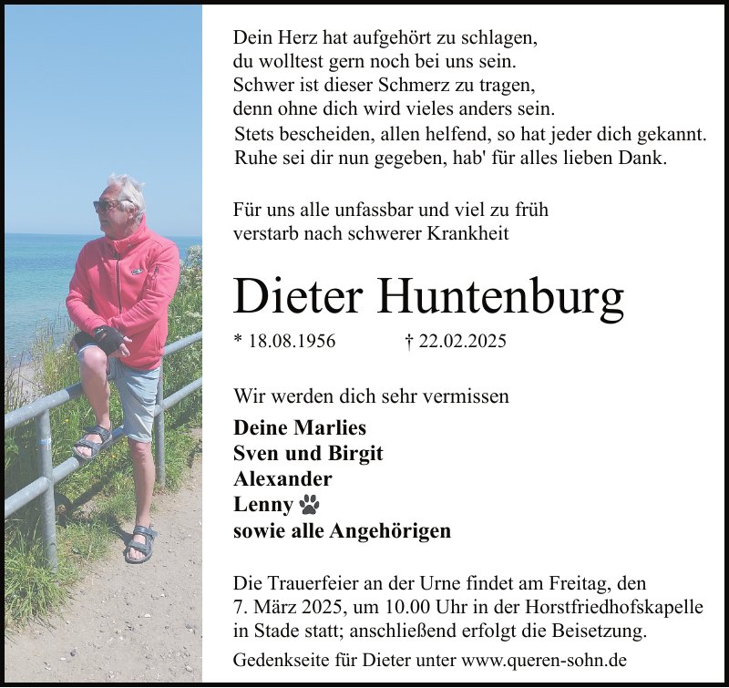 Dieter Huntenburg: Traueranzeige : Stader Tageblatt