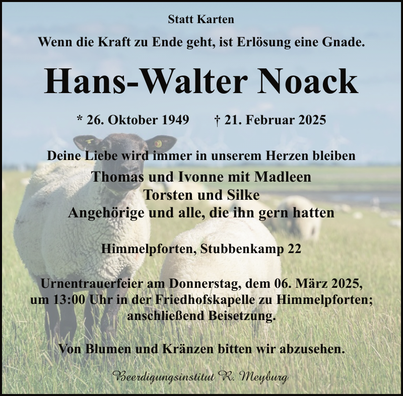 Hans-Walter Noack: Traueranzeige : Stader Tageblatt