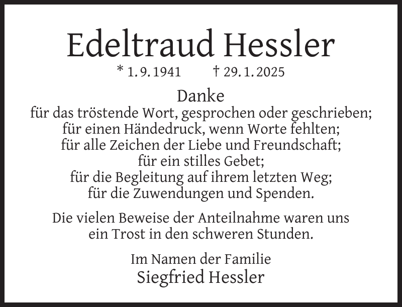 Trauerdank Edeltraud Hessler: Traueranzeige : Remscheider General-Anzeiger