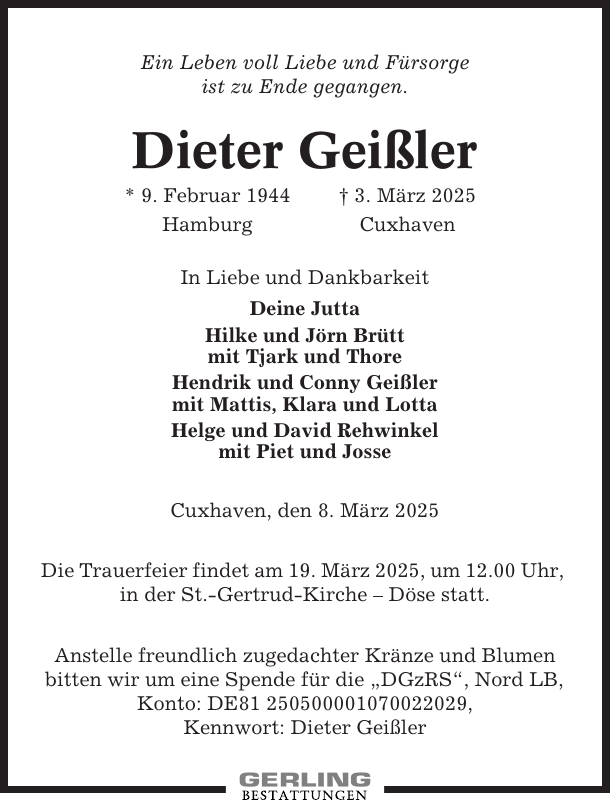 Dieter Geißler: Traueranzeige : Cuxhavener Nachrichten