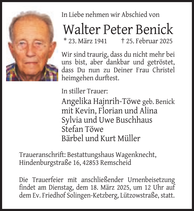 Walter Peter Benick: Traueranzeige : Remscheider General-Anzeiger