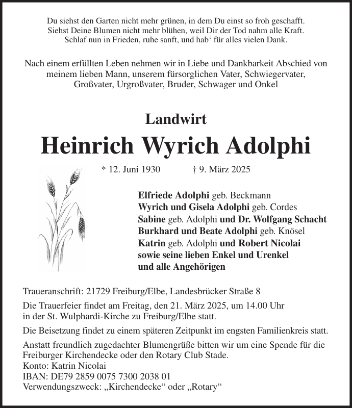 Heinrich Wyrich Adolphi: Traueranzeige : Stader Tageblatt