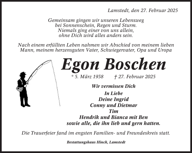 Egon Boschen: Traueranzeige : Niederelbe-Zeitung