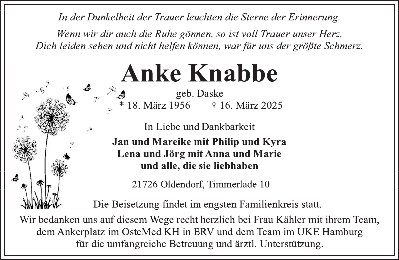 Anke Knabbe: Traueranzeige : Stader Tageblatt