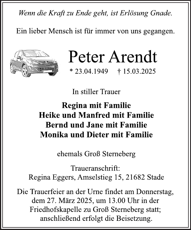 Peter Arendt: Traueranzeige : Stader Tageblatt