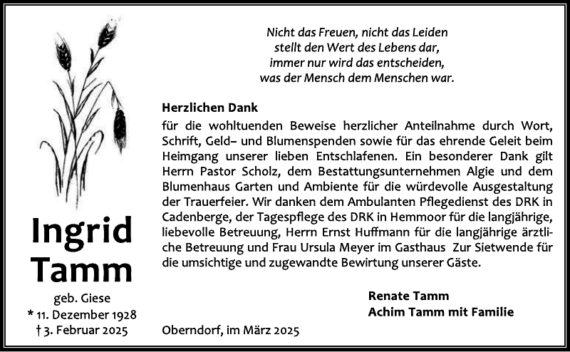 Ingrid Tamm: Danksagung : Niederelbe-Zeitung