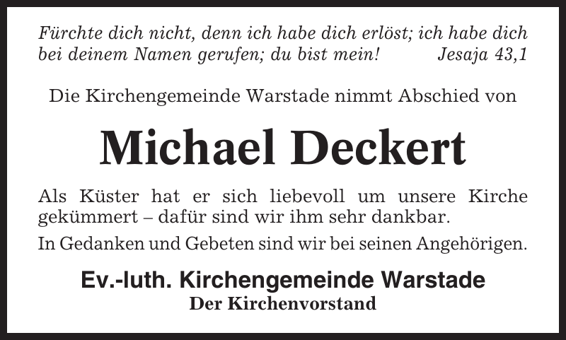 Michael Deckert: Gedenken : Niederelbe-Zeitung