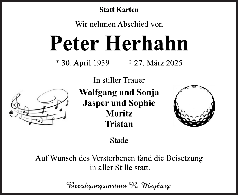 Peter Herhahn: Traueranzeige : Stader Tageblatt