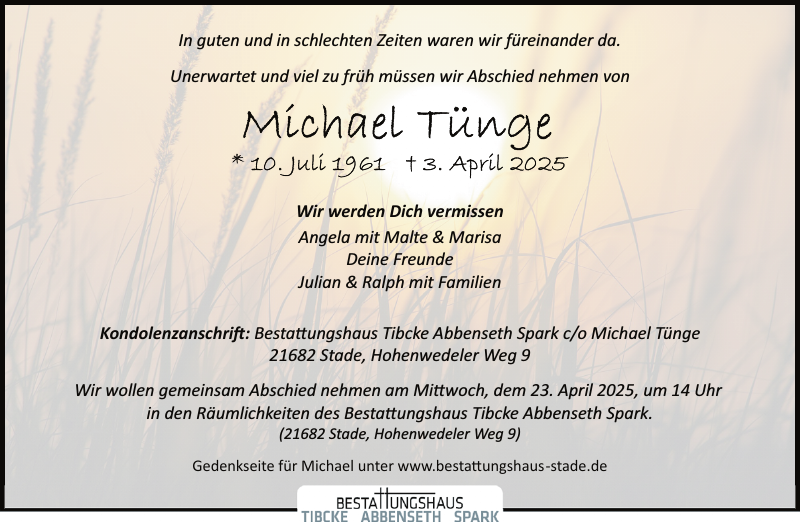 Bestaungshaus Tibcke Abbenseth Sparkco Michael Tünge: Traueranzeige ...