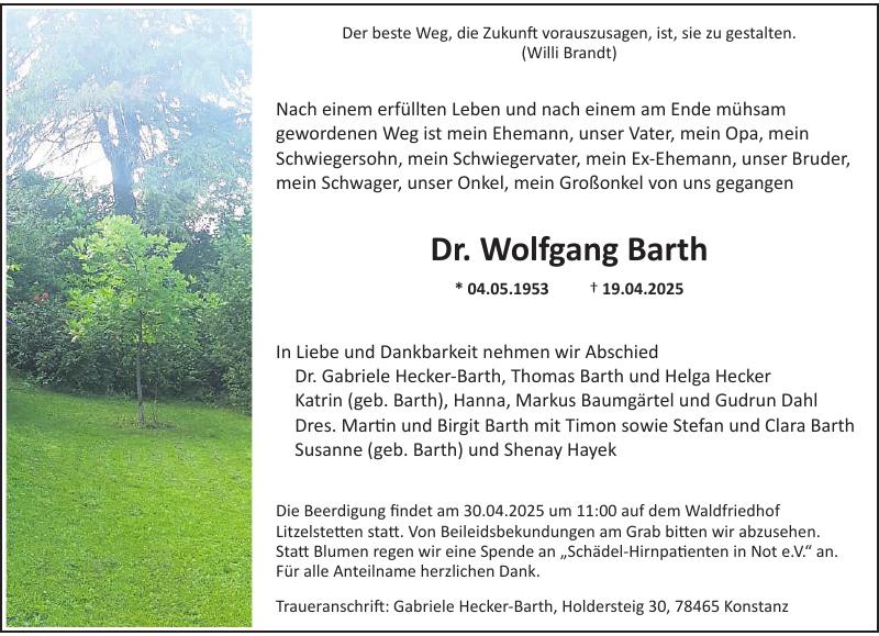 Dr. Wolfgang Barth: Traueranzeige : Westdeutsche Zeitung