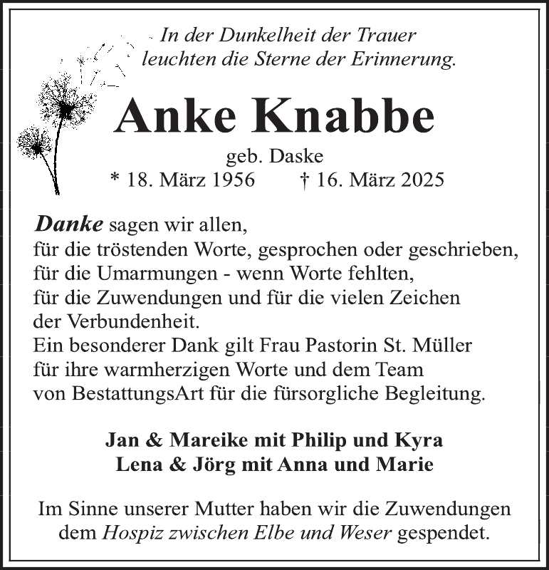 Anke Knabbe: Danksagung : Stader Tageblatt