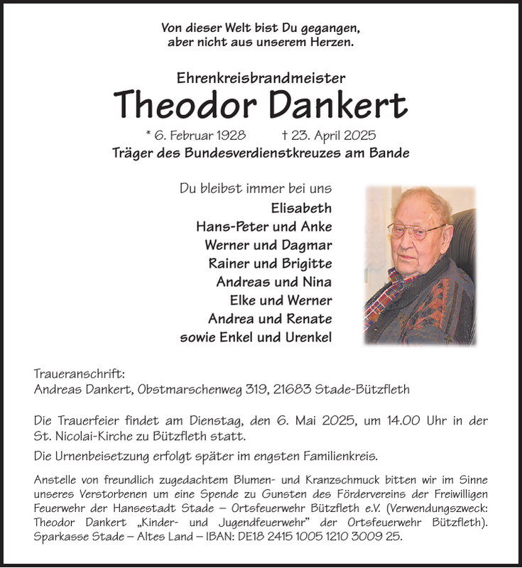 Theodor Dankert: Traueranzeige : Stader Tageblatt