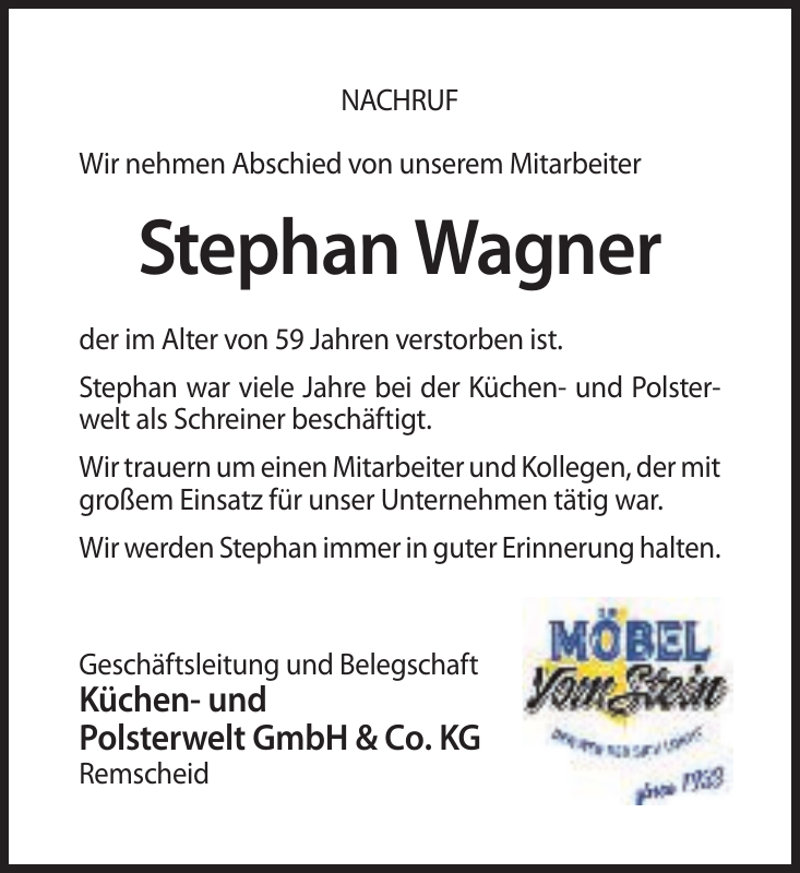 Stephan Wagner: Traueranzeige : Remscheider General-Anzeiger