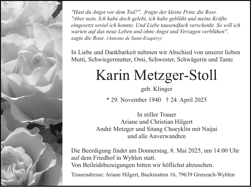 Karin Metzger-Stoll: Traueranzeige : Badische Zeitung