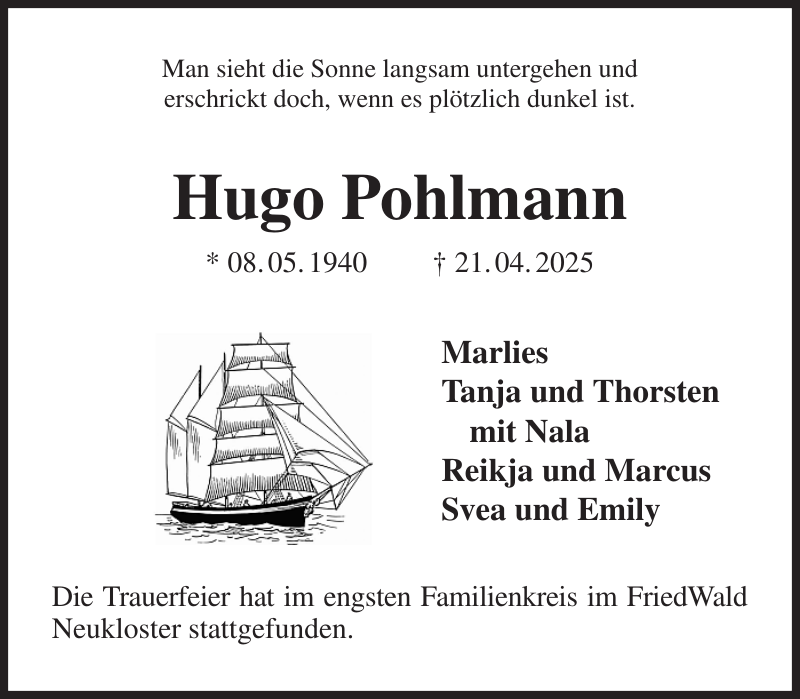 Hugo Pohlmann: Traueranzeige : Stader Tageblatt