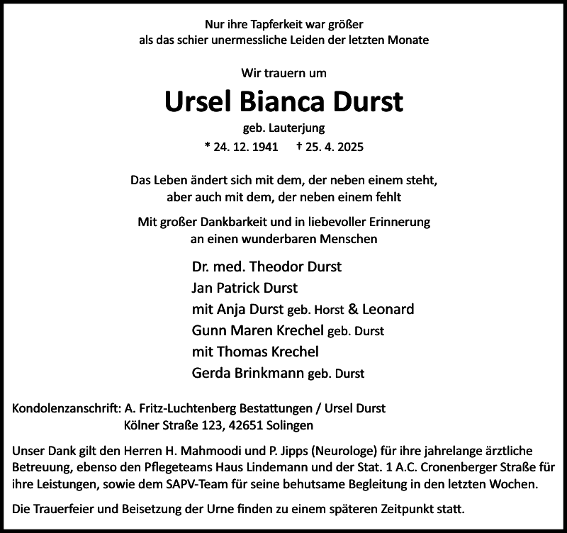 Ursel Durst: Traueranzeige : Solinger Tageblatt Trauer