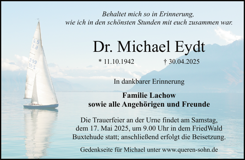 Dr. Michael Eydt: Traueranzeige : Stader Tageblatt
