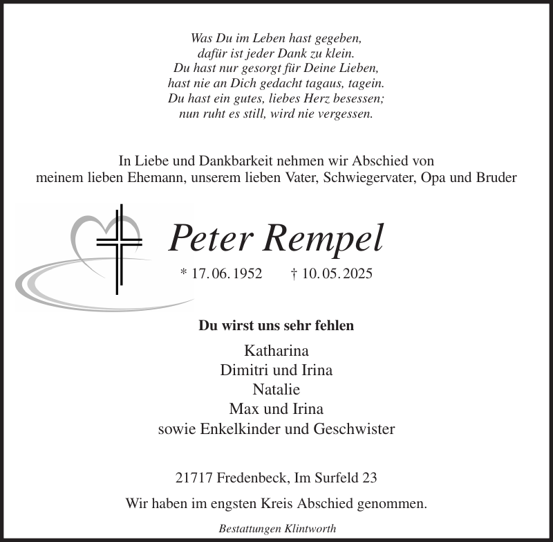 Peter Rempel: Traueranzeige : Stader Tageblatt