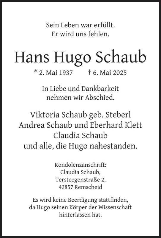 Trauer Hans H. Schaub: Traueranzeige : Remscheider General-Anzeiger