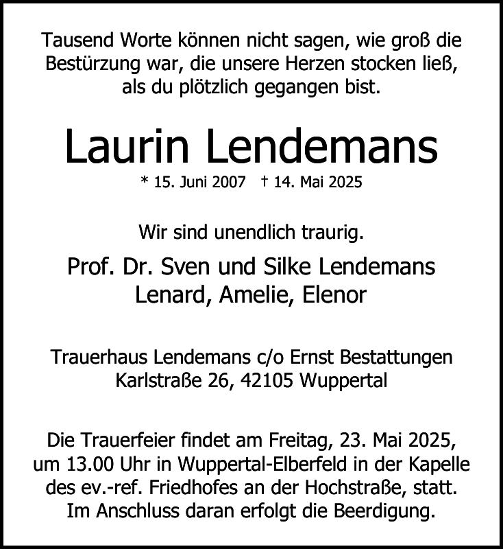 Laurin Lendemans: Traueranzeige : Westdeutsche Zeitung