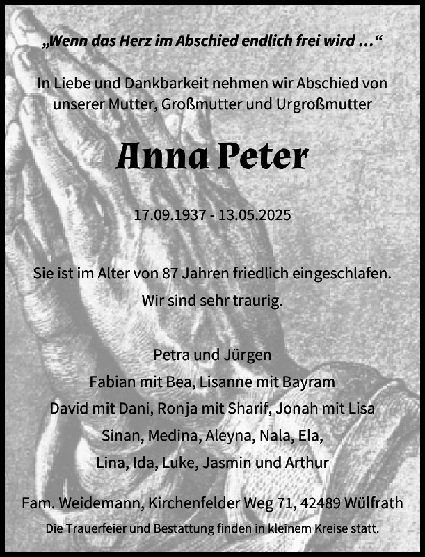 Anna Peter: Traueranzeige : Westdeutsche Zeitung