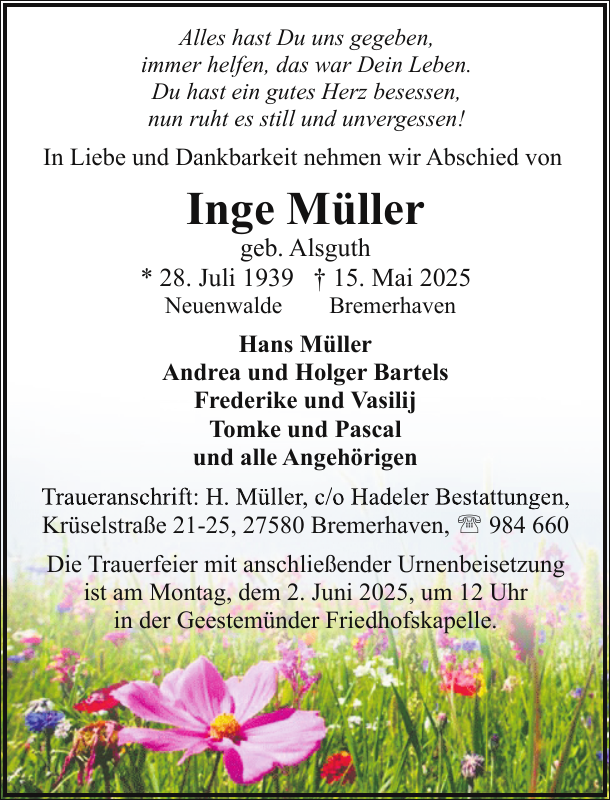 Inge Müller: Gedenken : Nordsee-Zeitung