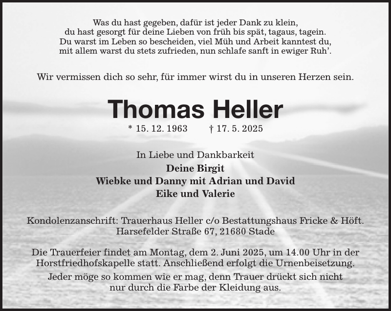 Thomas Heller: Traueranzeige : Stader Tageblatt