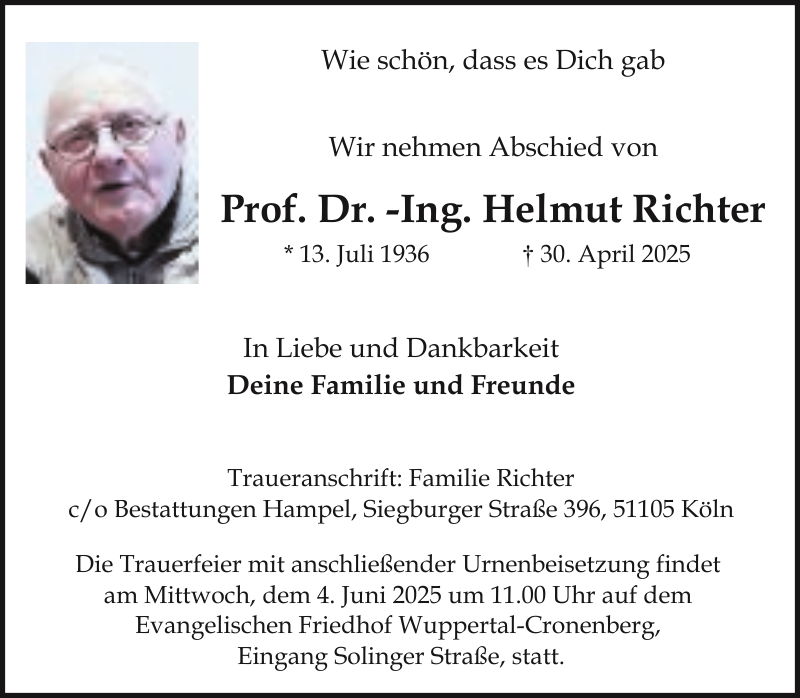 TA Helmut Richter: Traueranzeige : Remscheider General-Anzeiger