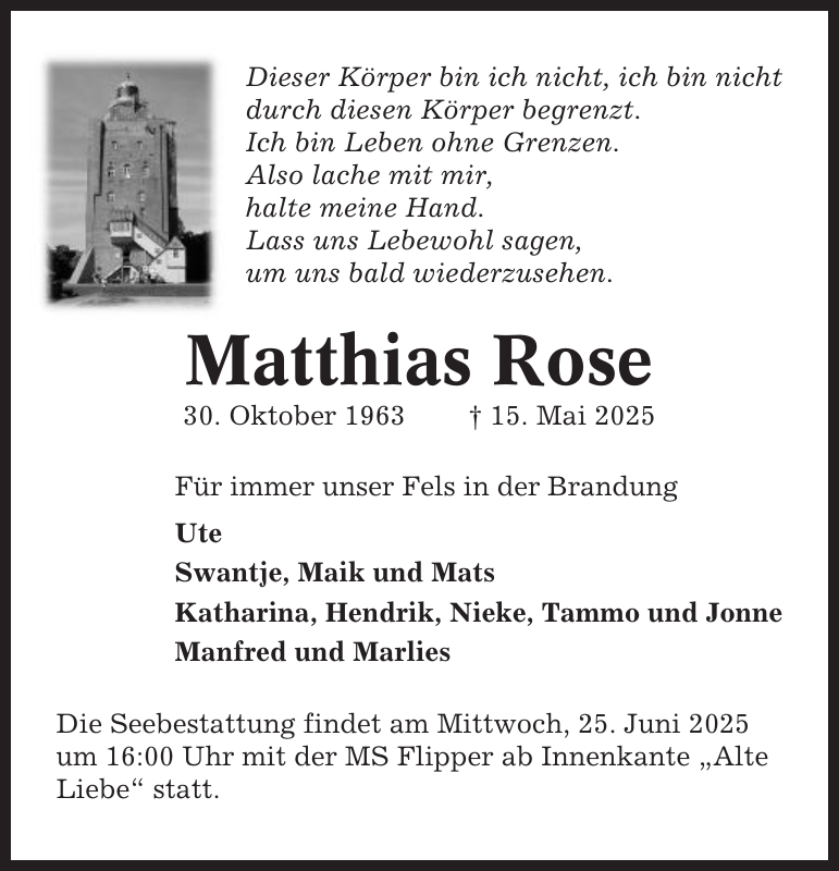 Matthias Rose: Traueranzeige : Cuxhavener Nachrichten