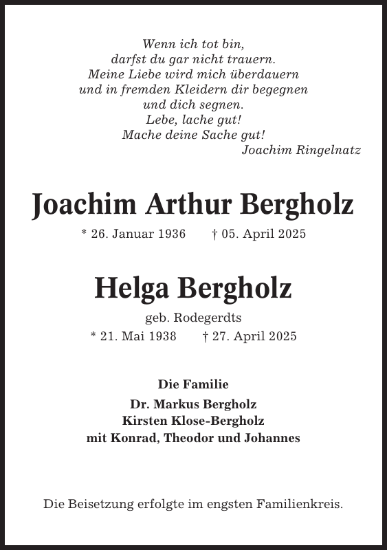 Joachim Arthur und Helga Bergholz: Traueranzeige : Niederelbe-Zeitung