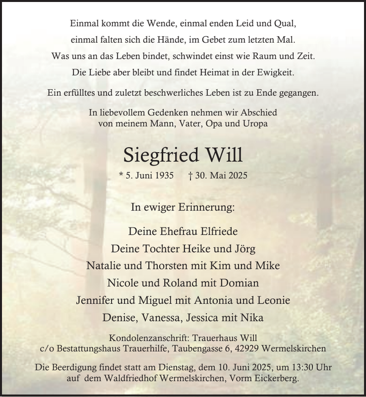 Siegfried Will: Traueranzeige : Remscheider General-Anzeiger