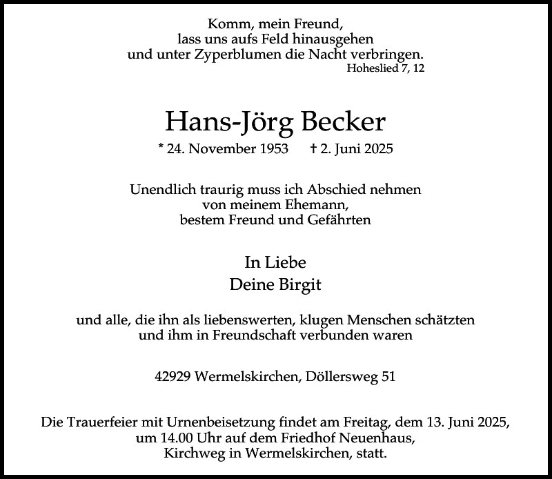 Hans-Jörg Becker: Traueranzeige : Remscheider General-Anzeiger