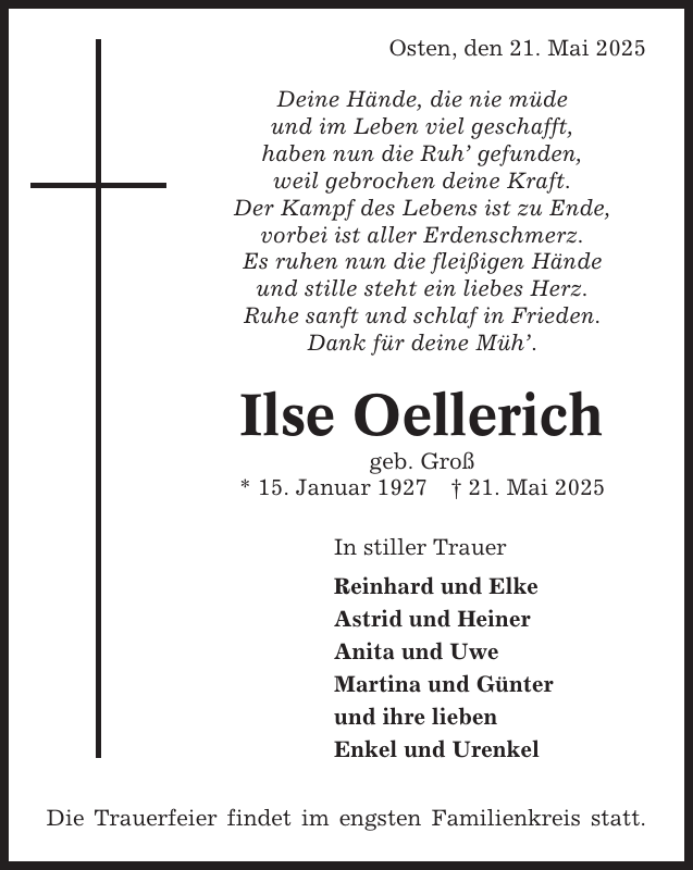 Ilse Oellerich: Traueranzeige : Niederelbe-Zeitung