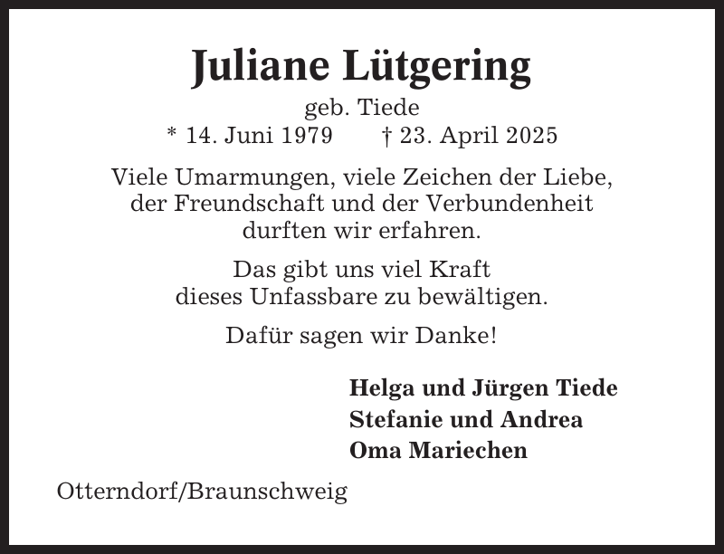 Juliane Lütgering: Danksagung : Niederelbe-Zeitung