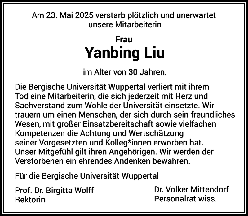 Yanbing Liu: Nachruf : Westdeutsche Zeitung