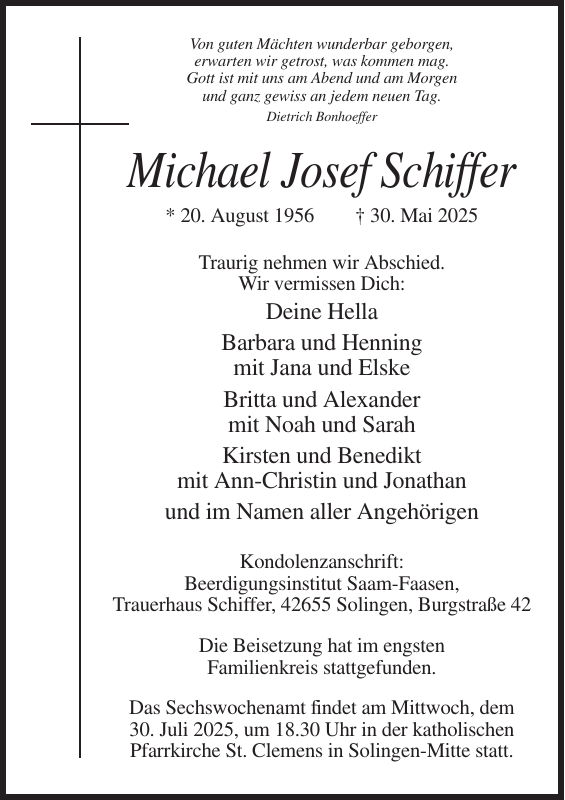 Michael Schiffer: Traueranzeige : Solinger Tageblatt Trauer