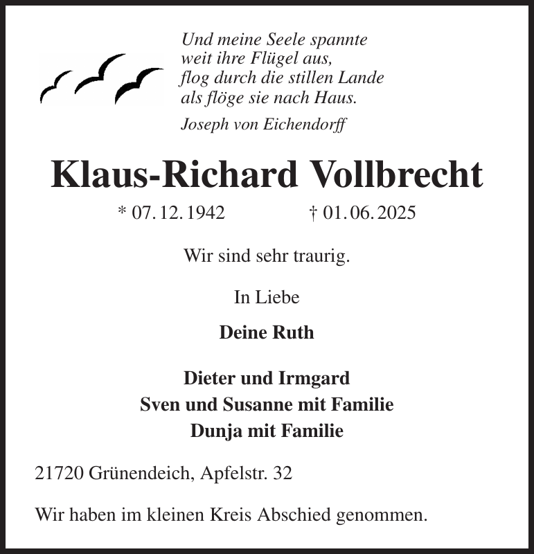 Klaus-Richard Vollbrecht: Traueranzeige : Stader Tageblatt