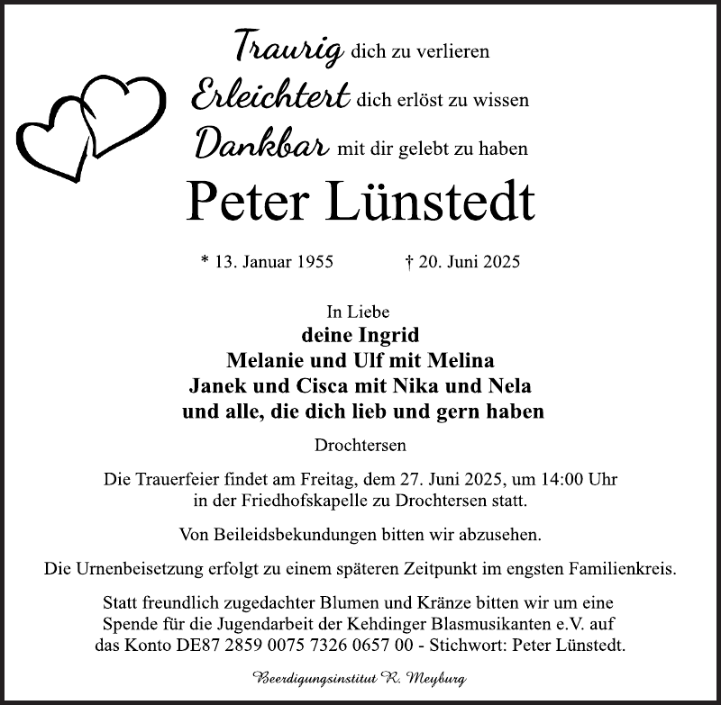 Peter Lünstedt: Traueranzeige : Stader Tageblatt