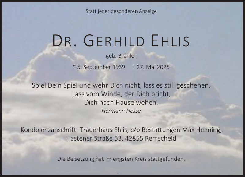 Gerhild Ehlis: Traueranzeige : Remscheider General-Anzeiger