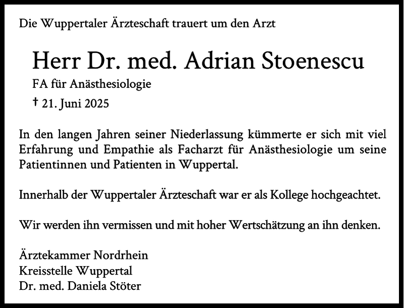 Dr. med. Adrian Stoenescu: Nachruf : Westdeutsche Zeitung