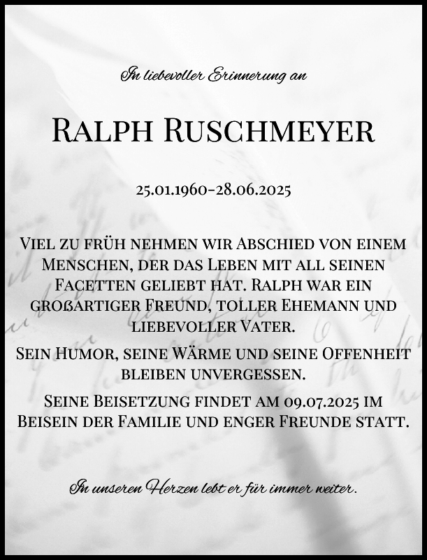 Ralph Ruschmeyer: Traueranzeige : Westdeutsche Zeitung