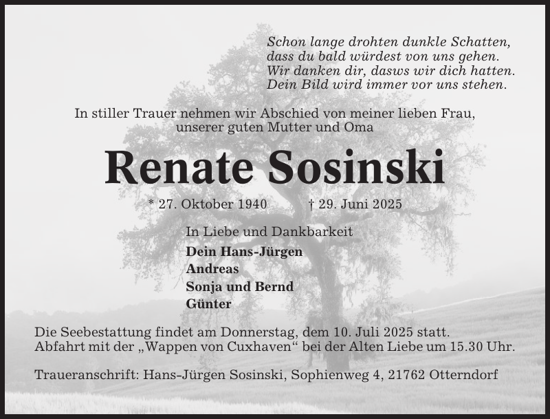 Renate Sosinski: Traueranzeige : Cuxhavener Nachrichten