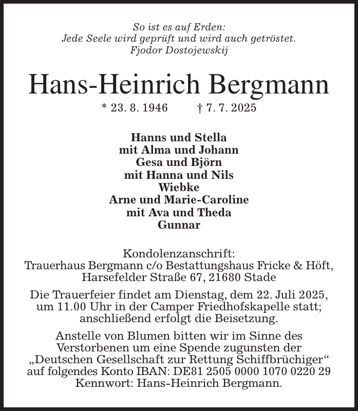 Hans-Heinrich Bergmann: Traueranzeige : Stader Tageblatt