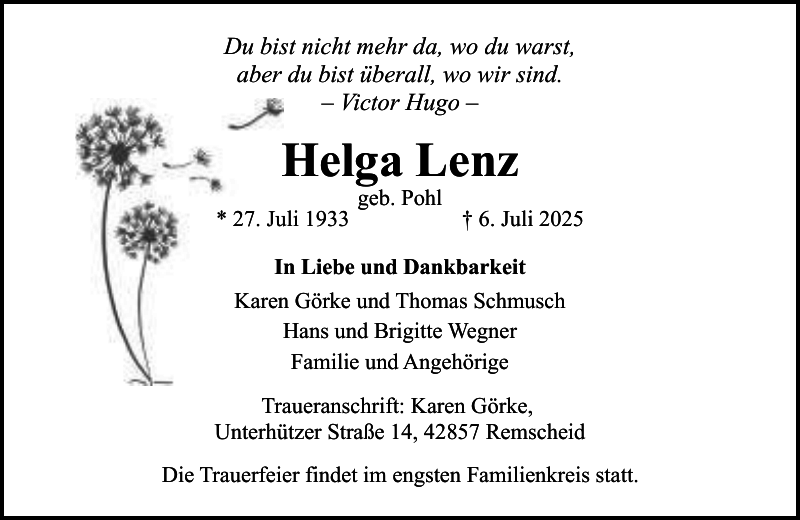 Helga Lenz: Traueranzeige : Remscheider General-Anzeiger