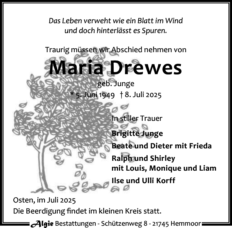 Maria Drewes: Traueranzeige : Niederelbe-Zeitung