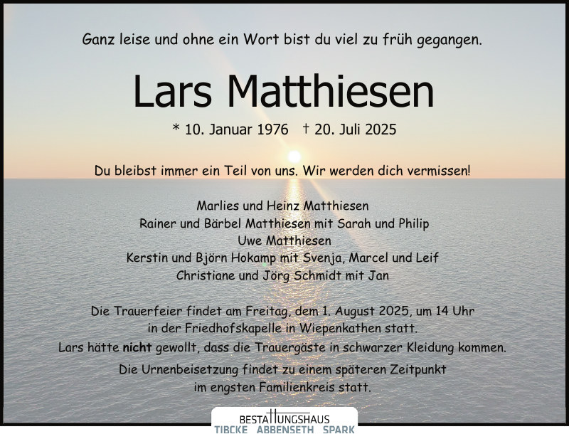 Lars Matthiesen: Traueranzeige : Stader Tageblatt