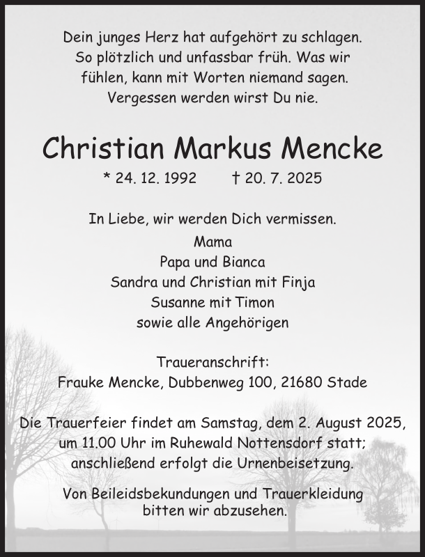 Christian Markus Mencke: Traueranzeige : Stader Tageblatt