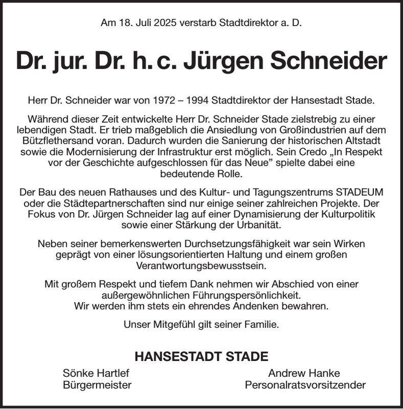 Dr. jur. Dr. h. c. Jürgen Schneider: Nachruf : Stader Tageblatt