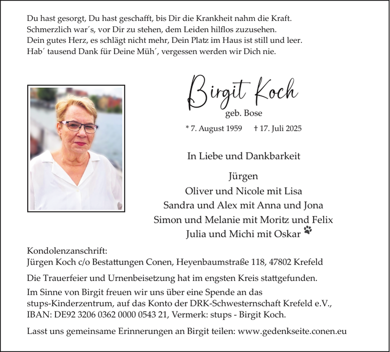 Birgit Koch: Traueranzeige : Westdeutsche Zeitung
